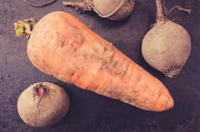 储存蔬菜胡萝卜和甜菜顶视图