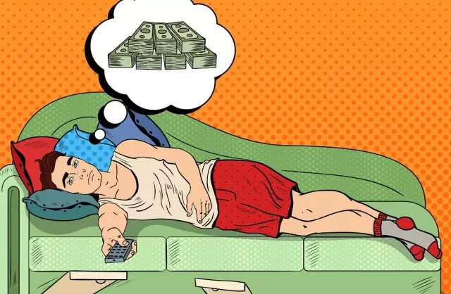 Pop Art Lazy Man lei op Sofa, TV besjen en dreamt oer grut jild. Vectorillustraasje