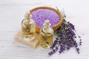 Spa composition with lavender essential oils, closeup